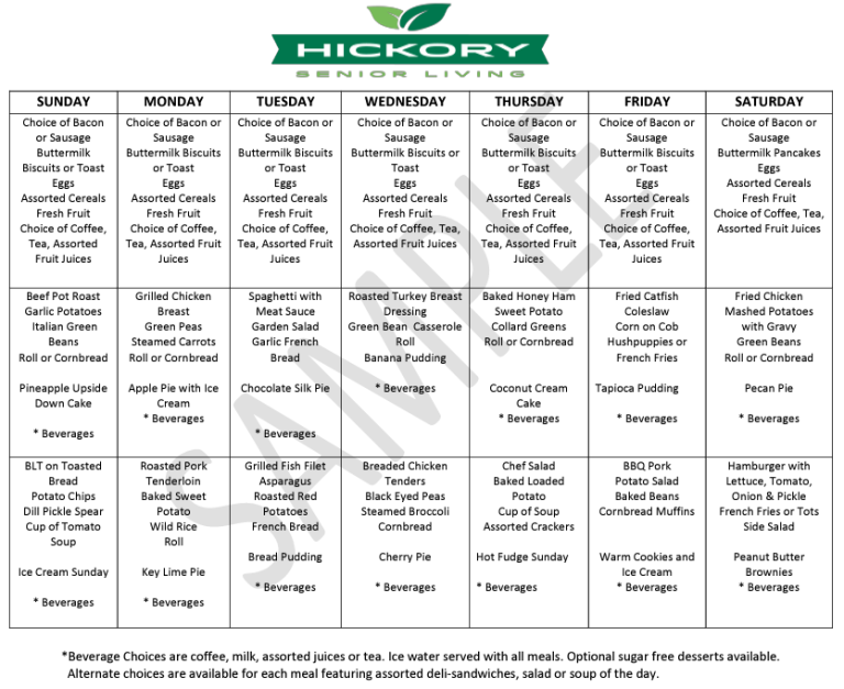 Sample Dining Menu – Hickory Senior Living